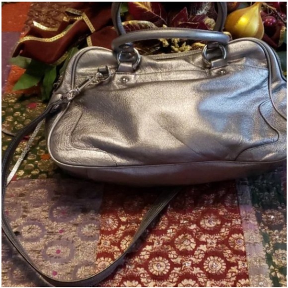 Coach | Bags | Coach Poppy Metallic Silver Leather Double Pushlock ...